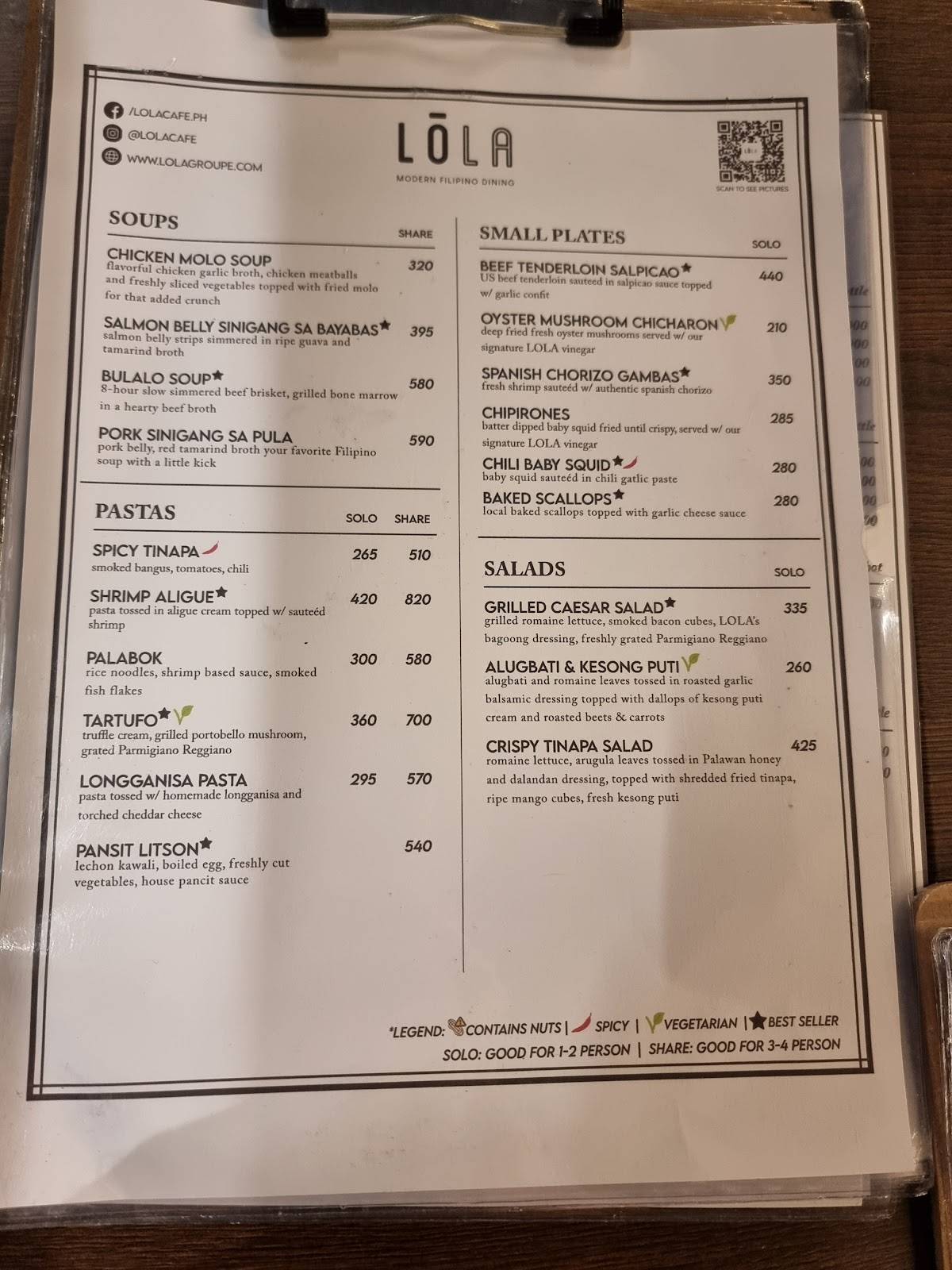 Menu at LOLA Cafe - Mabini, San Juan