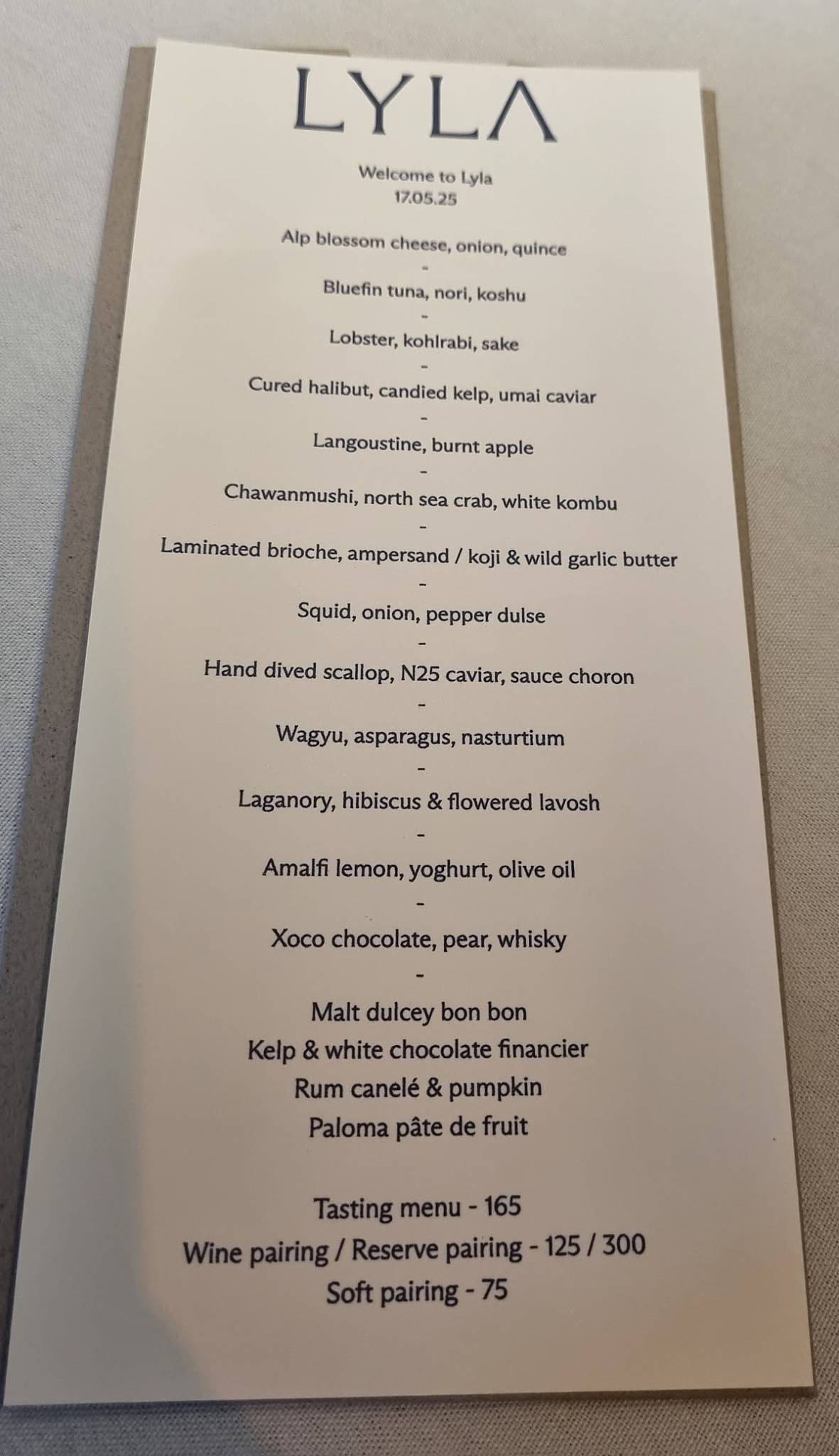 Menu at LYLA restaurant, Edinburgh, 3 Royal Terrace