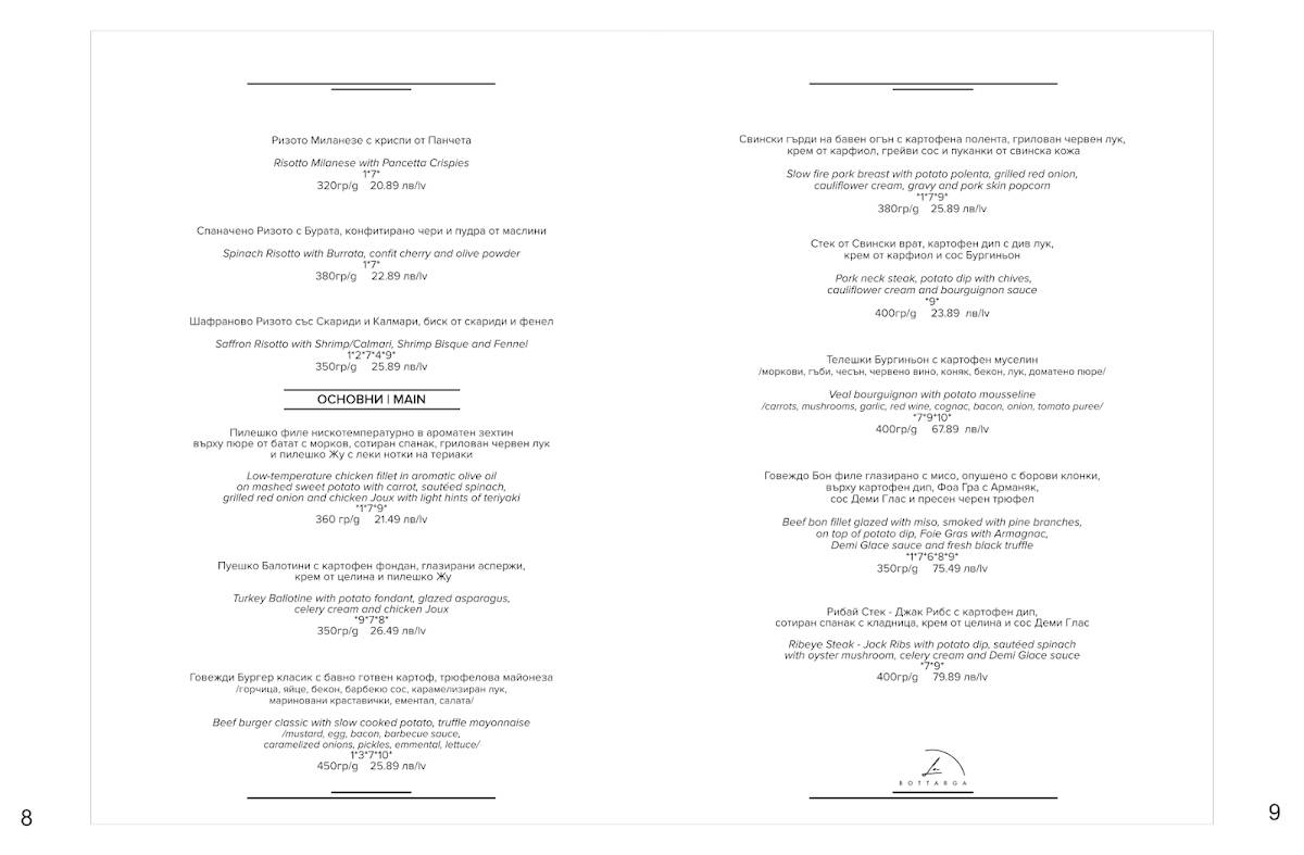 Carta del restaurante La Bottarga, Burgas