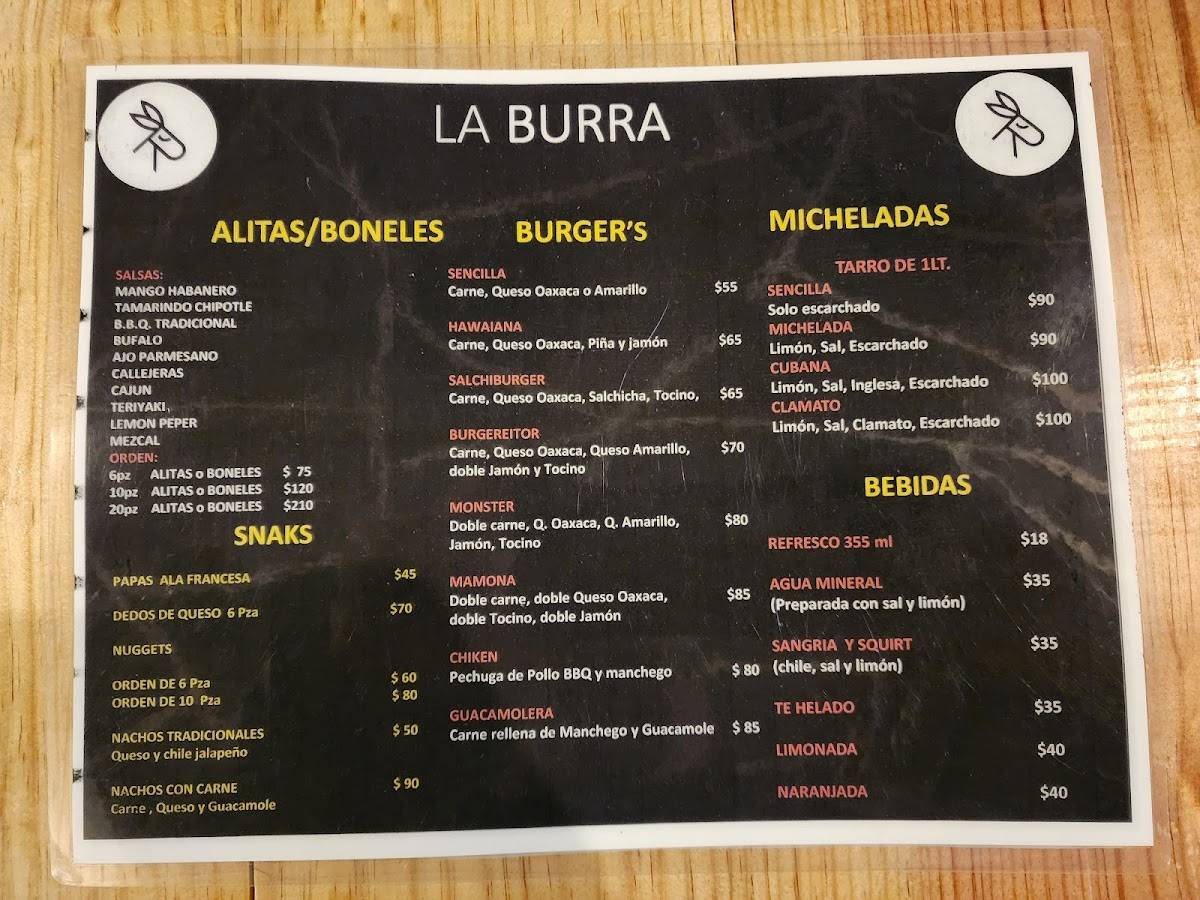 Carta del restaurante La Burra, Mexico