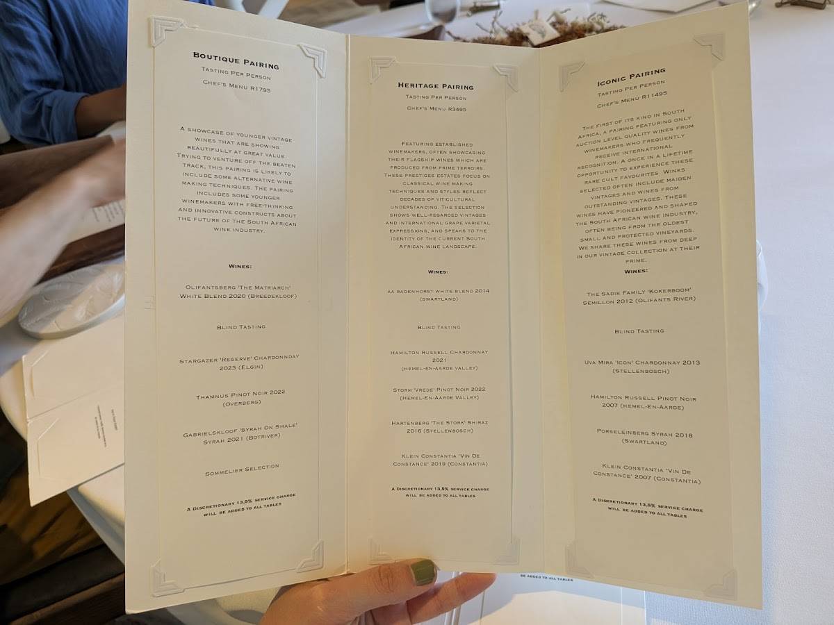 Menu at La Colombe Restaurant, Cape Town, Silvermist Wine Estate