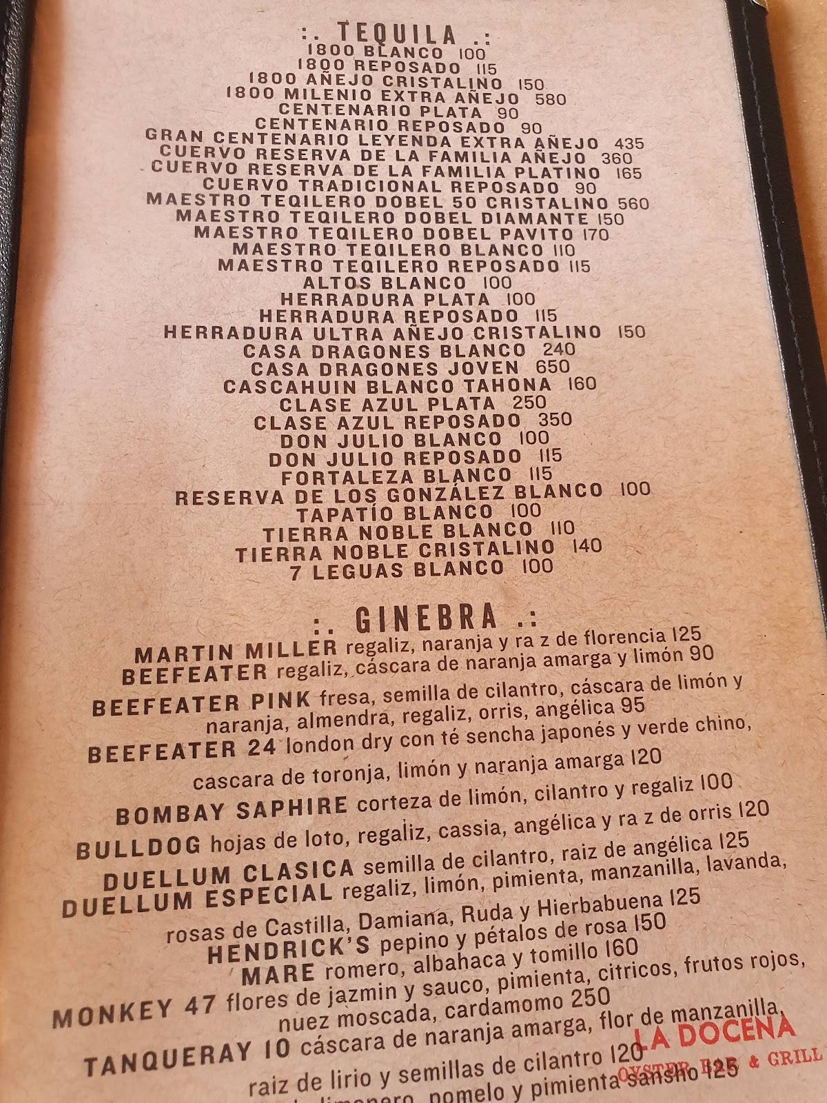 Carta del restaurante La Docena Sao Paulo, Guadalajara