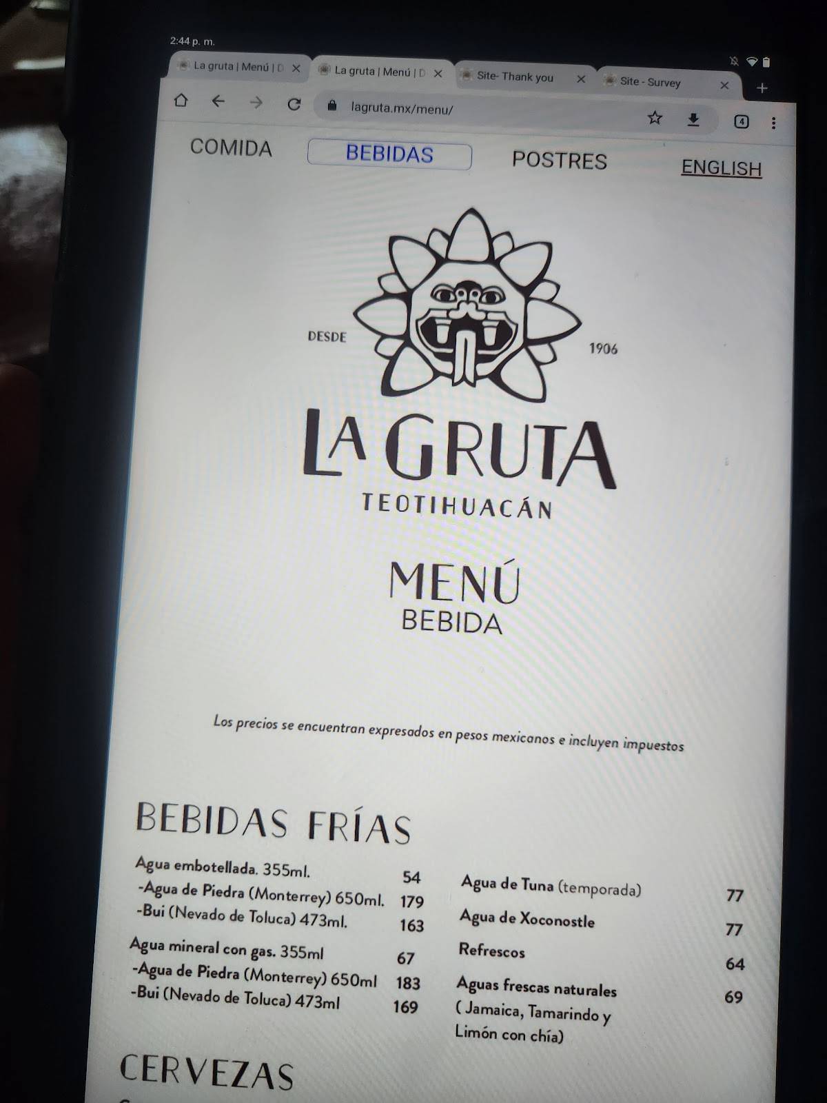 Menu at La Gruta restaurant, San Juan Teotihuacán, Circuito Arqueologico