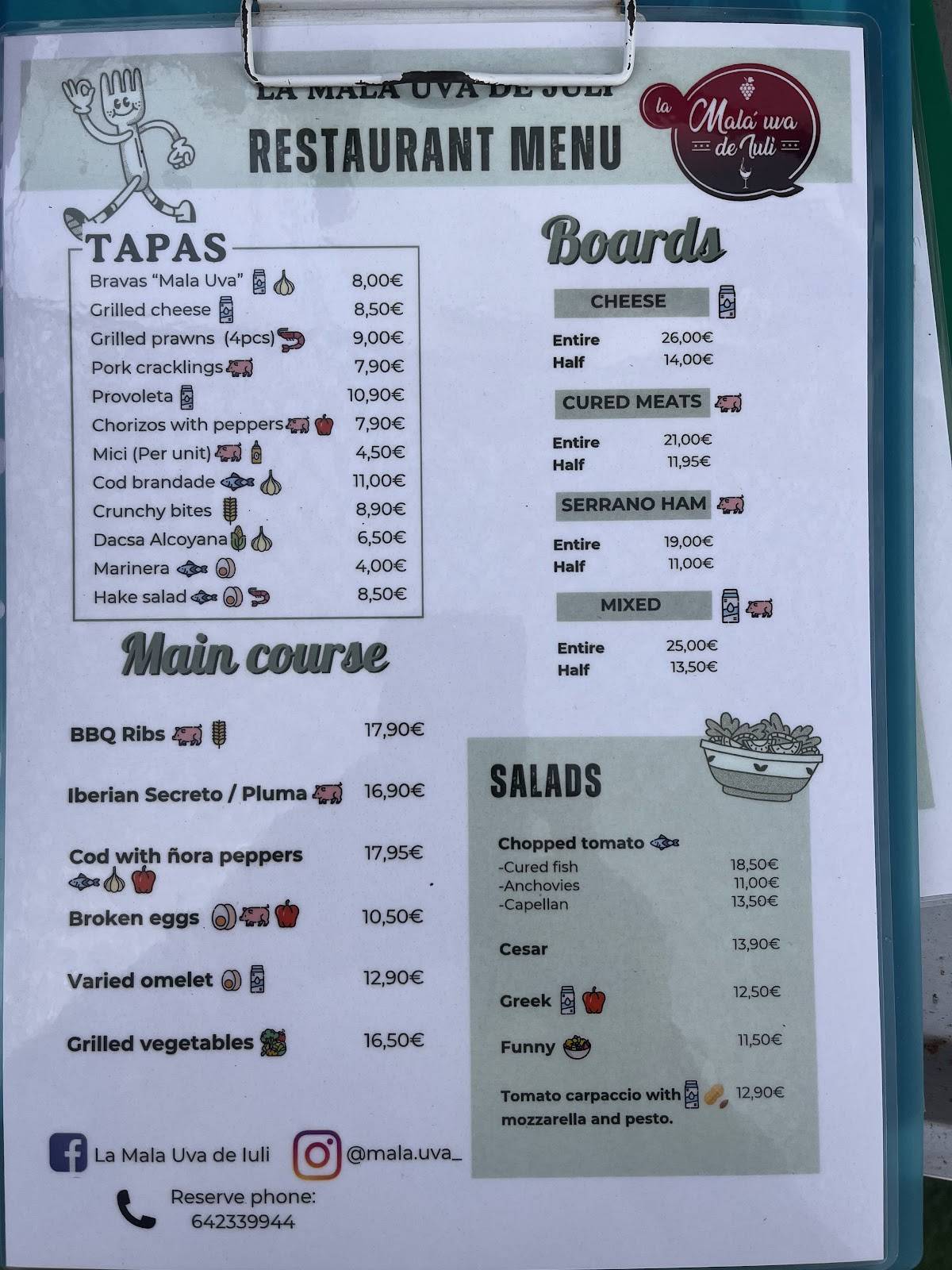 Carta del restaurante La Mala Uva del Julia, Los Arenales del Sol