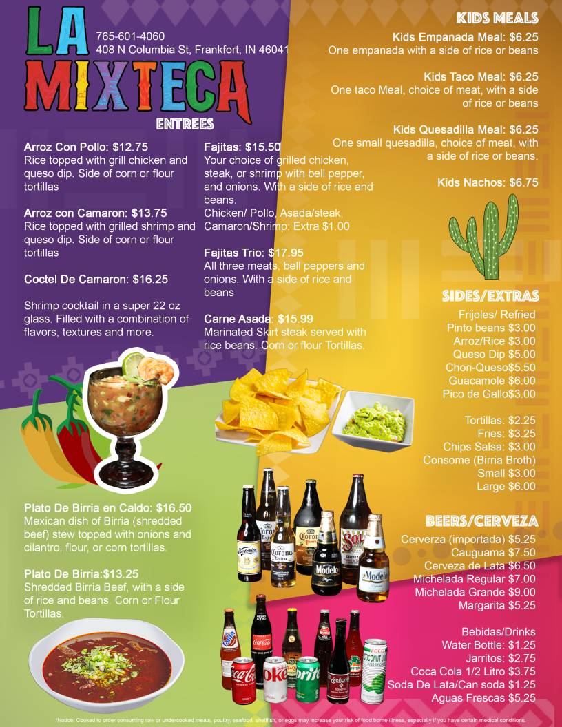 Menu at La Mixteca restaurant, Frankfort