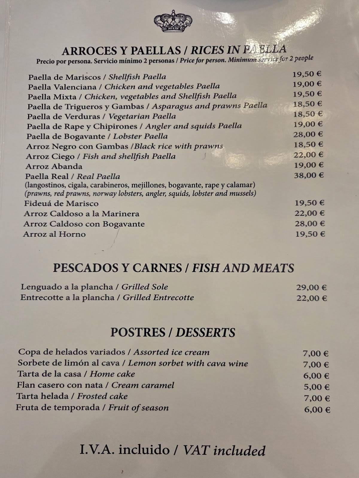 Carta del restaurante La Paella Real, Madrid