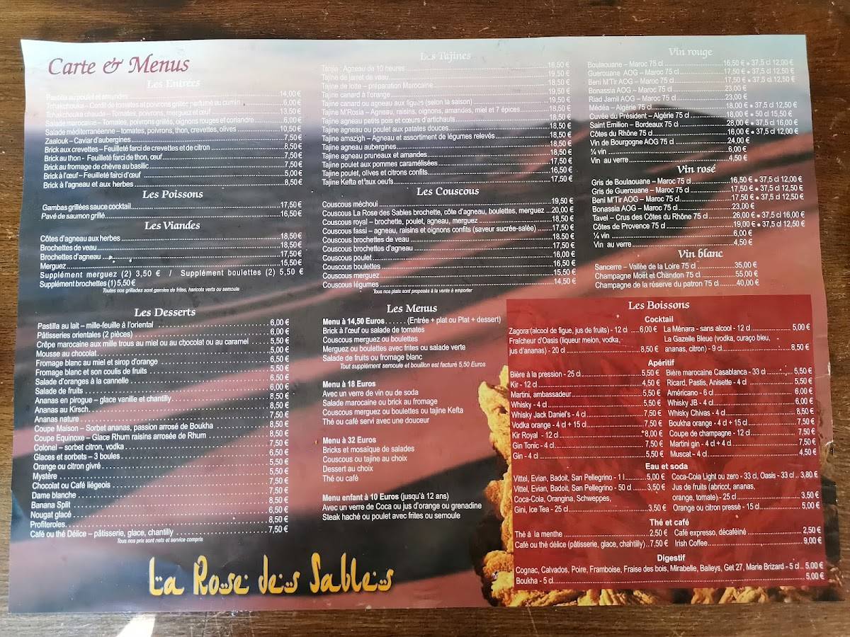 Menu au La Rose des Sables restaurant, Pierrelaye