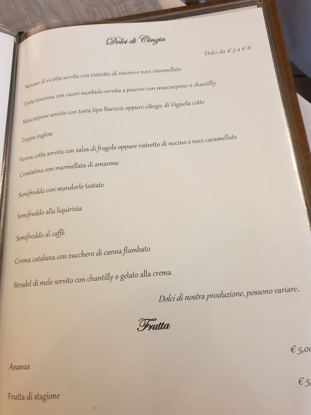 Menu da La Spiga ristorante, Ispica