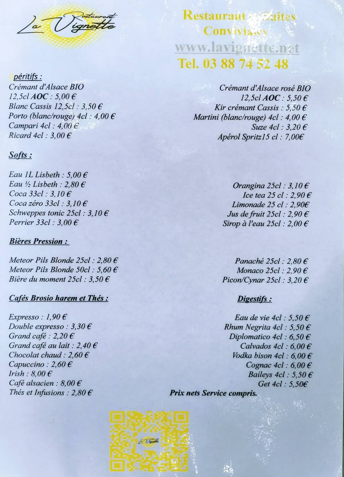 Menu au Restaurant la Vignette, Benfeld