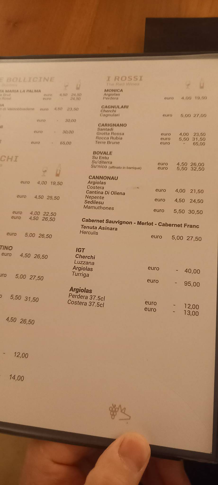 Menu da La Volpe e L'Uva ristorante, Sassari