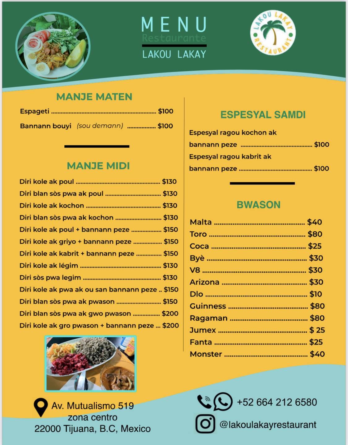 Carta de Comida Haitiana Tijuana, manje Haitien, Restaurante Lakou ...