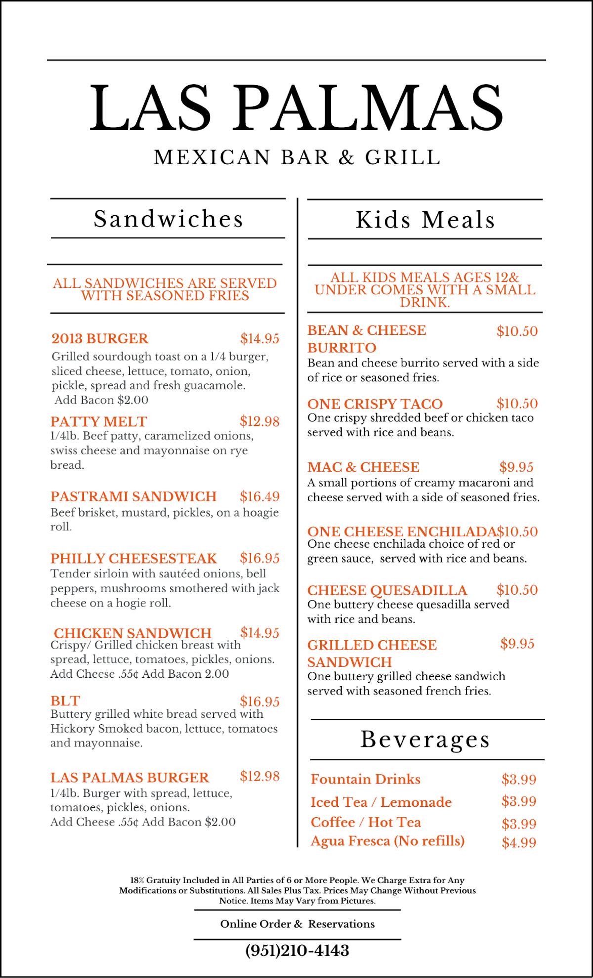 Menu at Las Palmas Mexican Bar & Grill, Aguanga