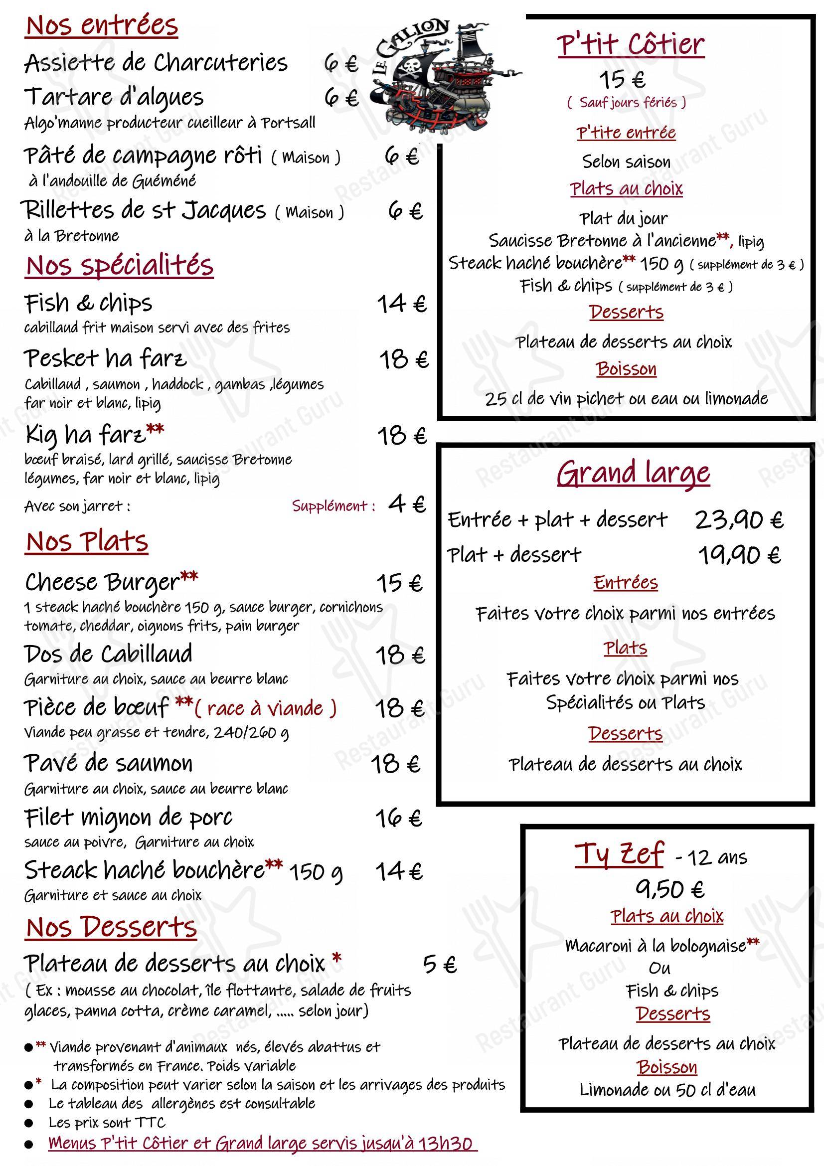 Menu au Le Galion restaurant, Kerlouan