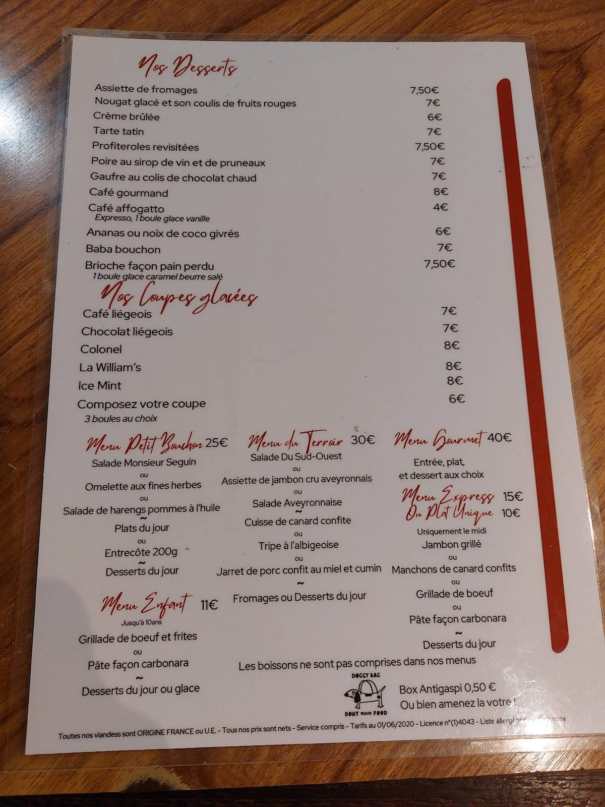 Menu au Restaurant Le Petit Bouchon, Albi