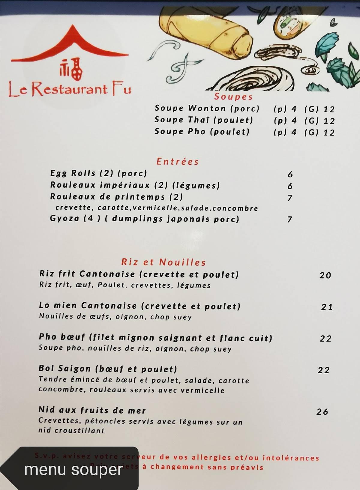 Menu au Le Restaurant FU, Victoriaville