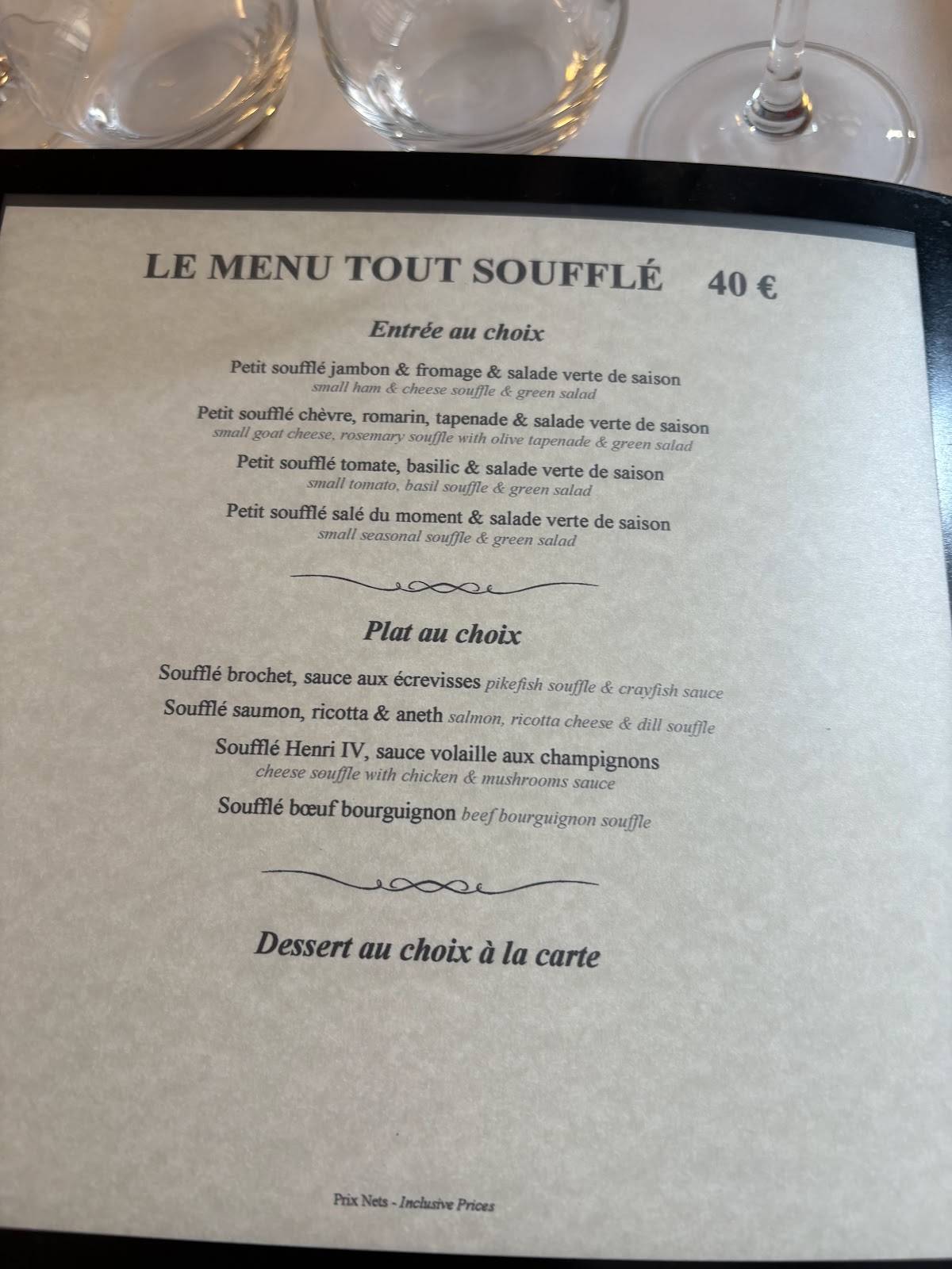 Menu at Le Soufflé restaurant, Paris, 36 Rue du Mont Thabor