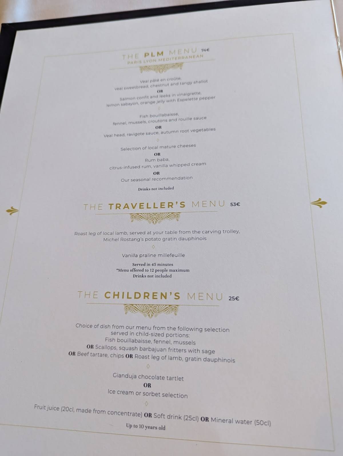 Menu at Le Train Bleu restaurant, Paris, Gare de Lyon