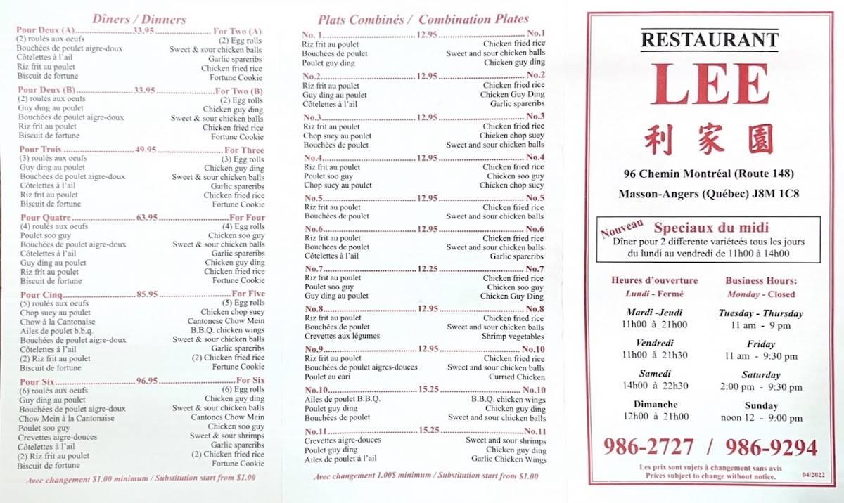 Menu at Restaurant Lee, Gatineau