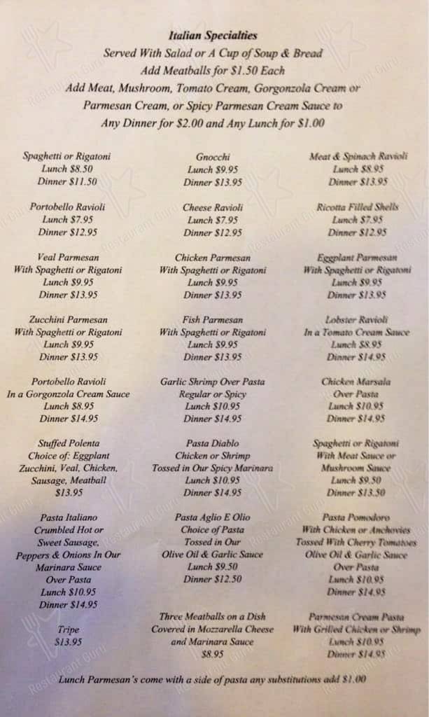 Menu at Lenzi's Restaurant, Monongahela