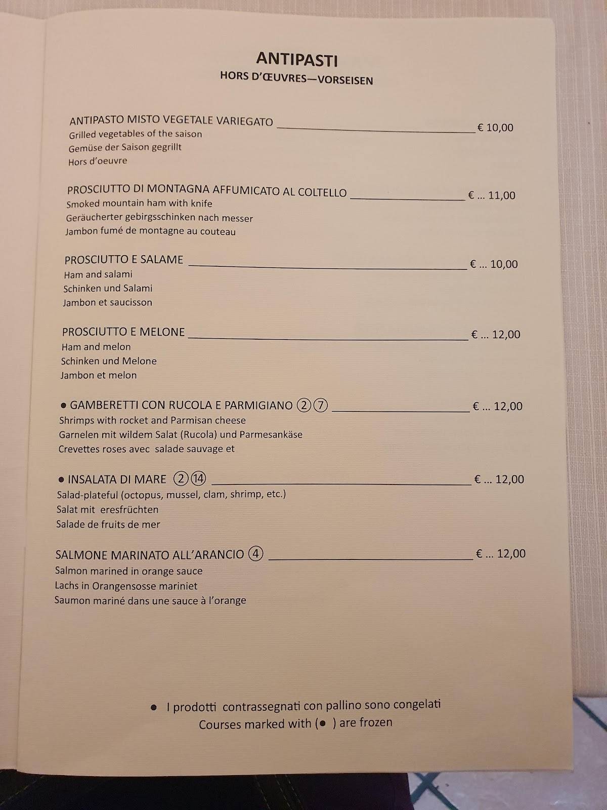 Menu at Leonetti restaurant, Rome, Via Farini