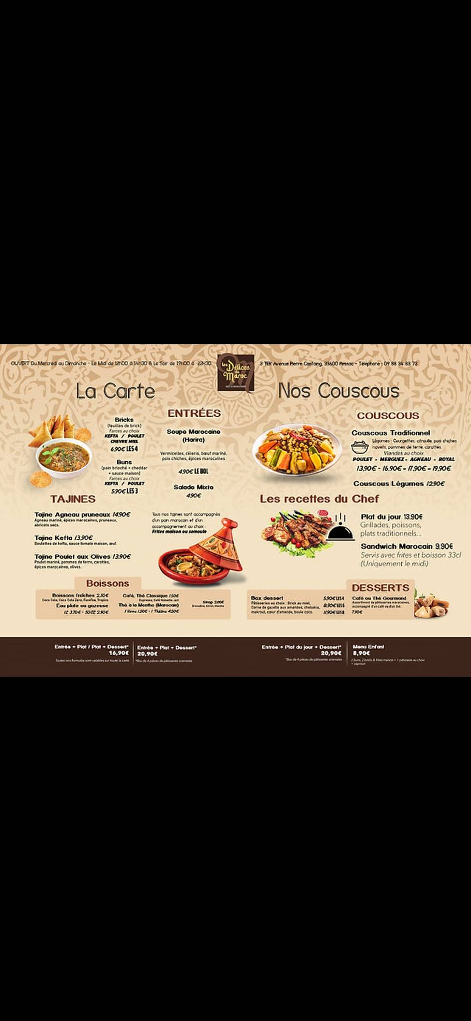 Menu au Les Délices Du Maroc restaurant, Pessac, 3 Ter Avenue Pierre ...