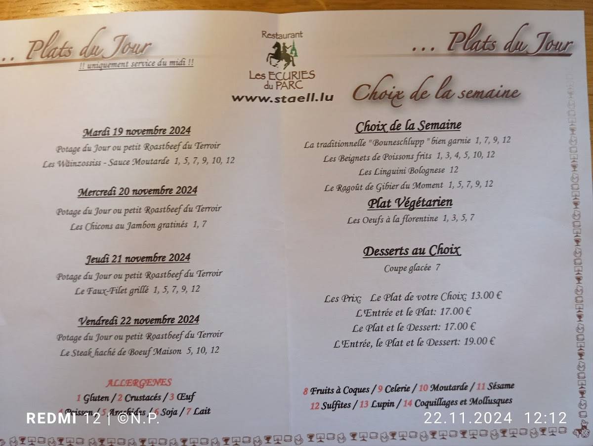 Menu au Restaurant Les Ecuries du Parc, Clervaux
