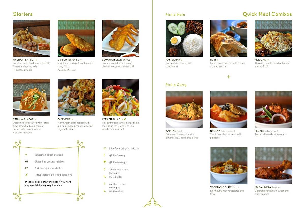 Menu at Little Penang restaurant, Wellington, 179 Victoria St