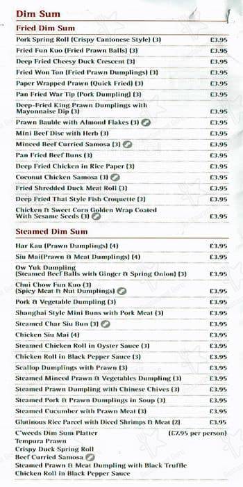 Menu at The Little Yang Sing restaurant, Manchester