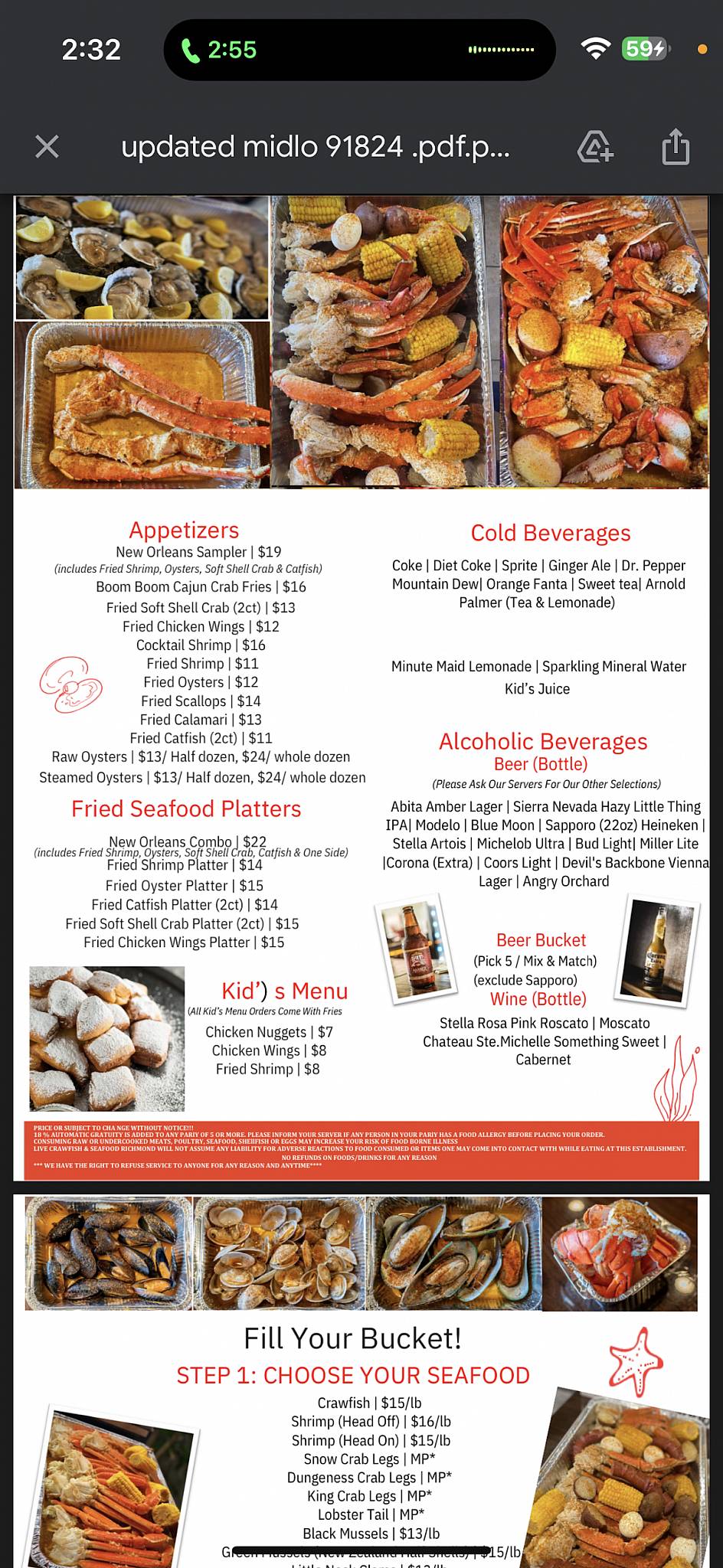 Carta de Live Crawfish & Seafood Restaurant Chesterfield/Midlothian, VA ...