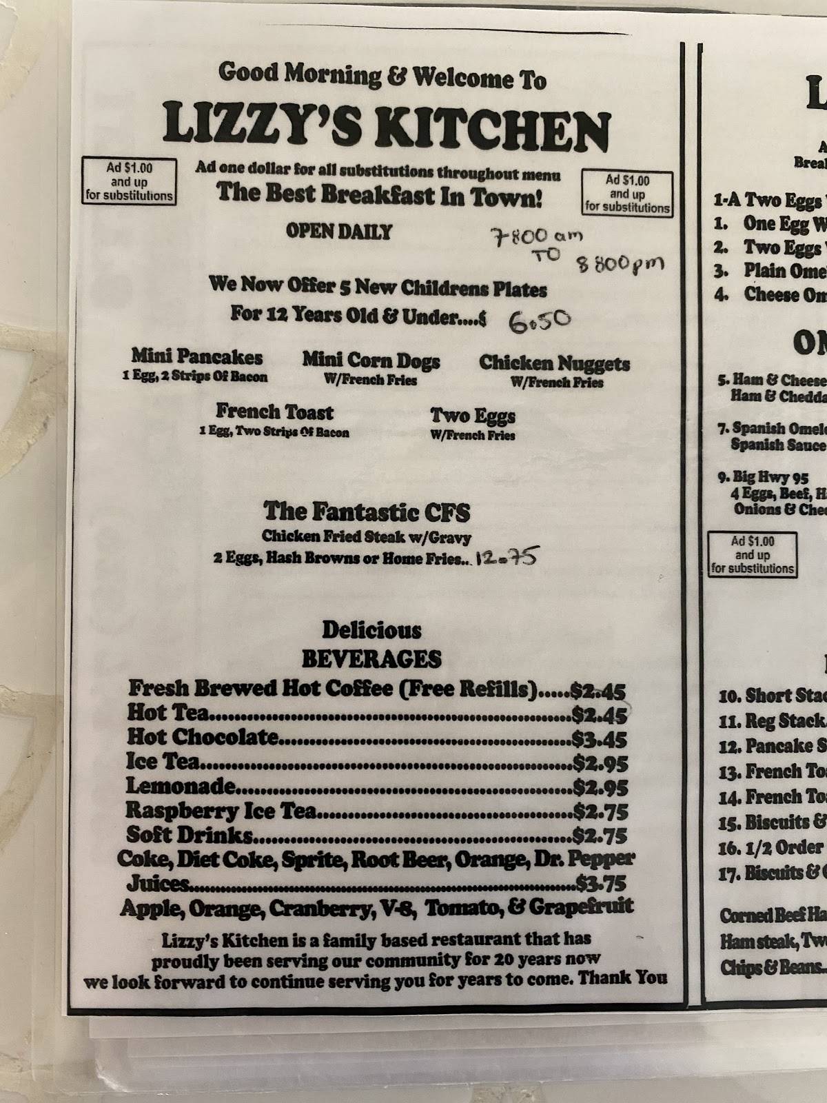 Menu at Lizzy's Kitchen restaurant, Bullhead City, AZ-95