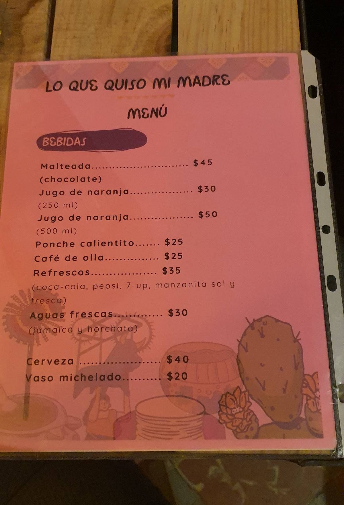 Menu at Lo que quiso mi madre restaurant, Mexico City