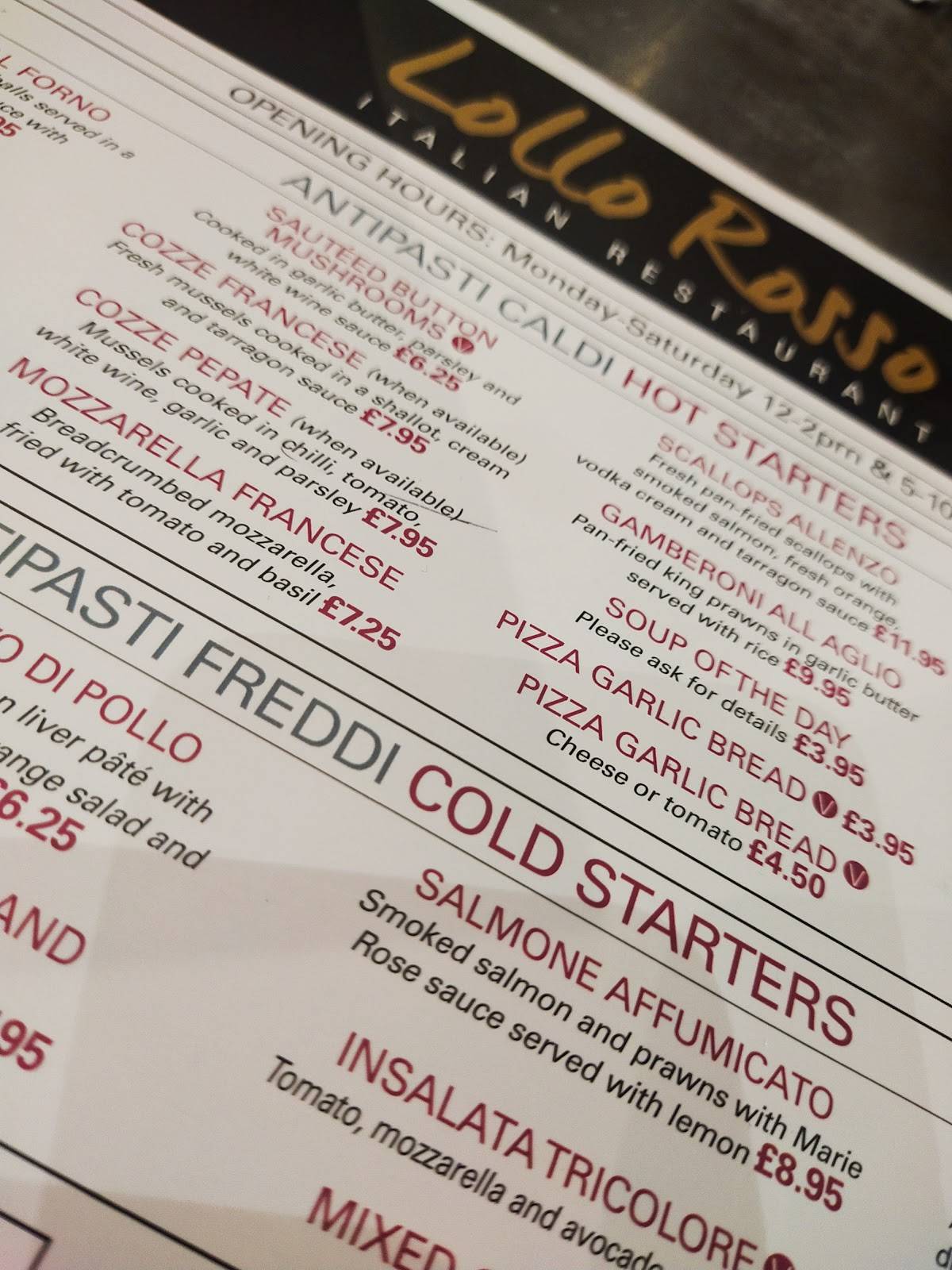 Menu at Lollo Rosso Italia restaurant, Morpeth