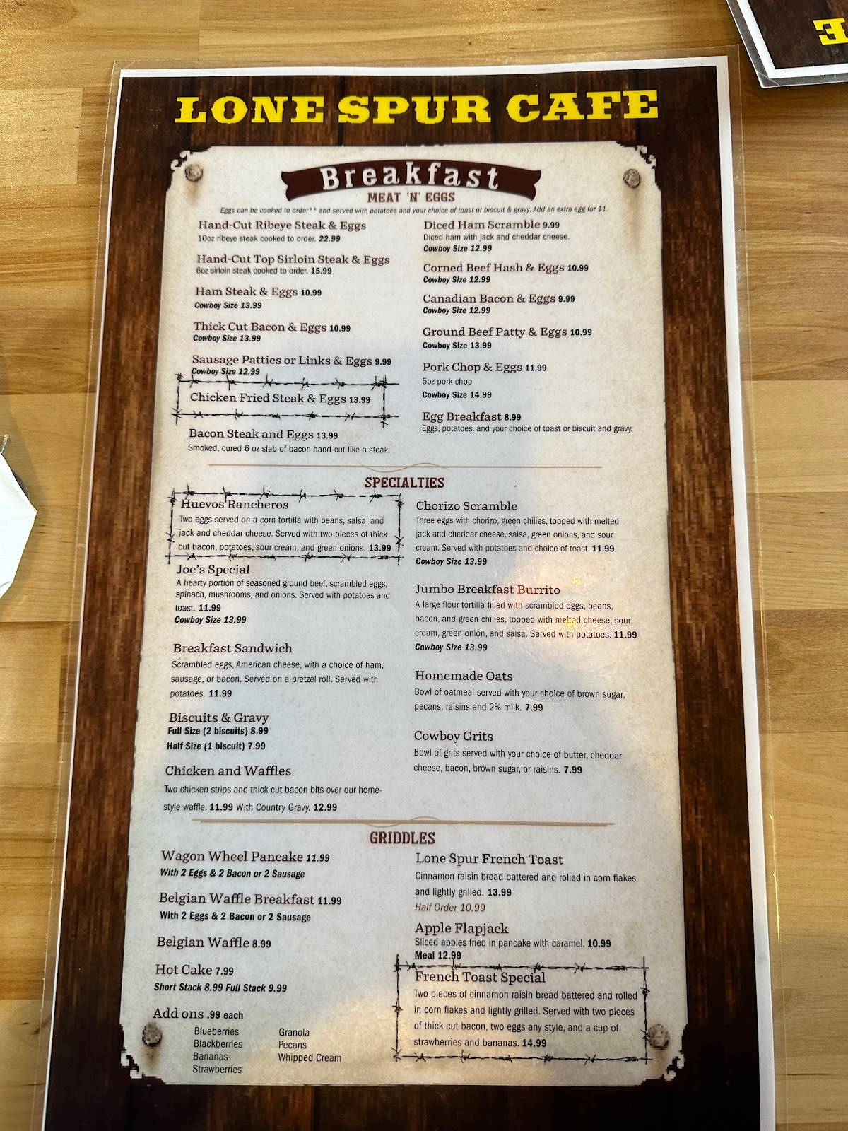 Menu at Lone Spur Cafe, Grand Junction