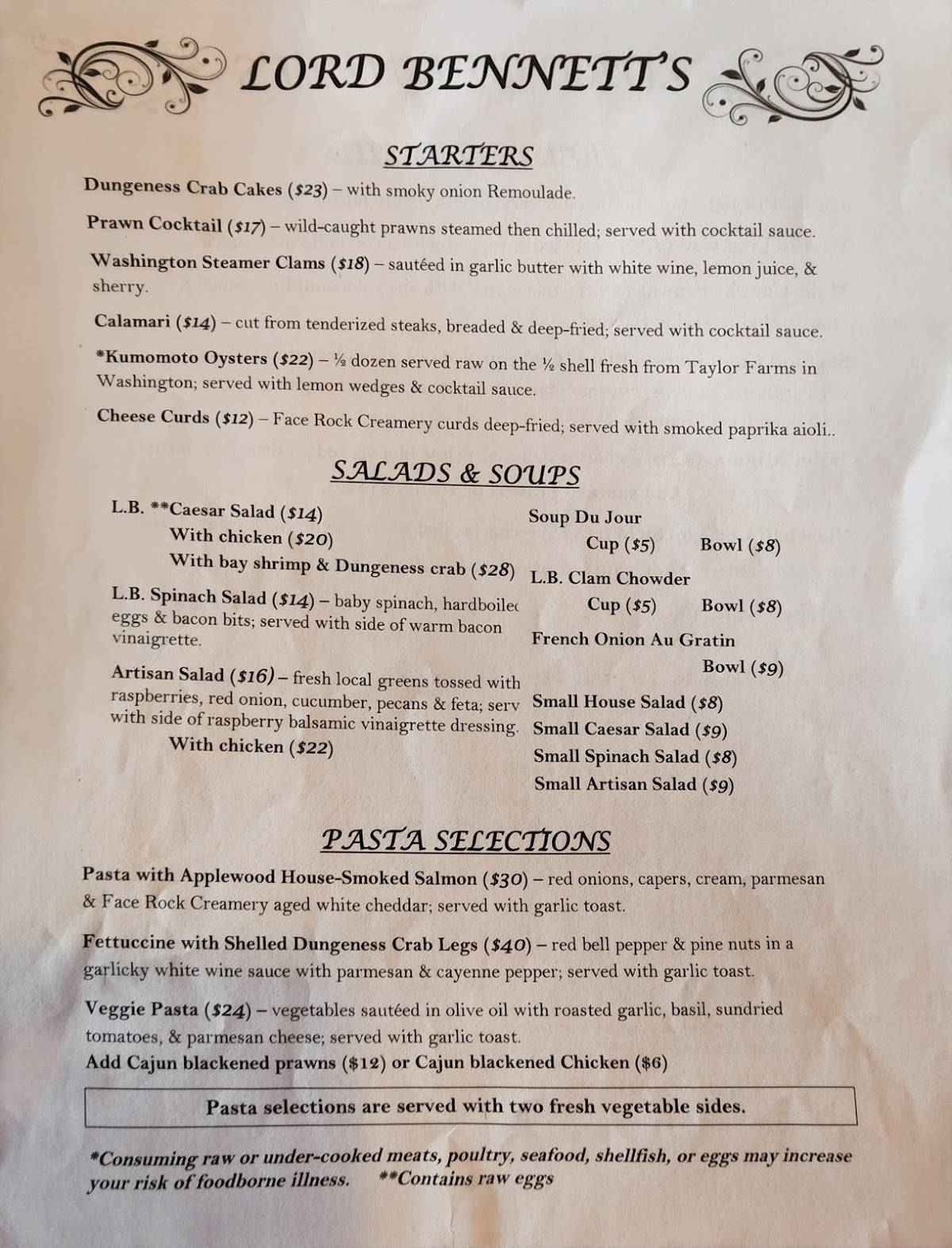 Menu at Lord Bennett's restaurant, Bandon