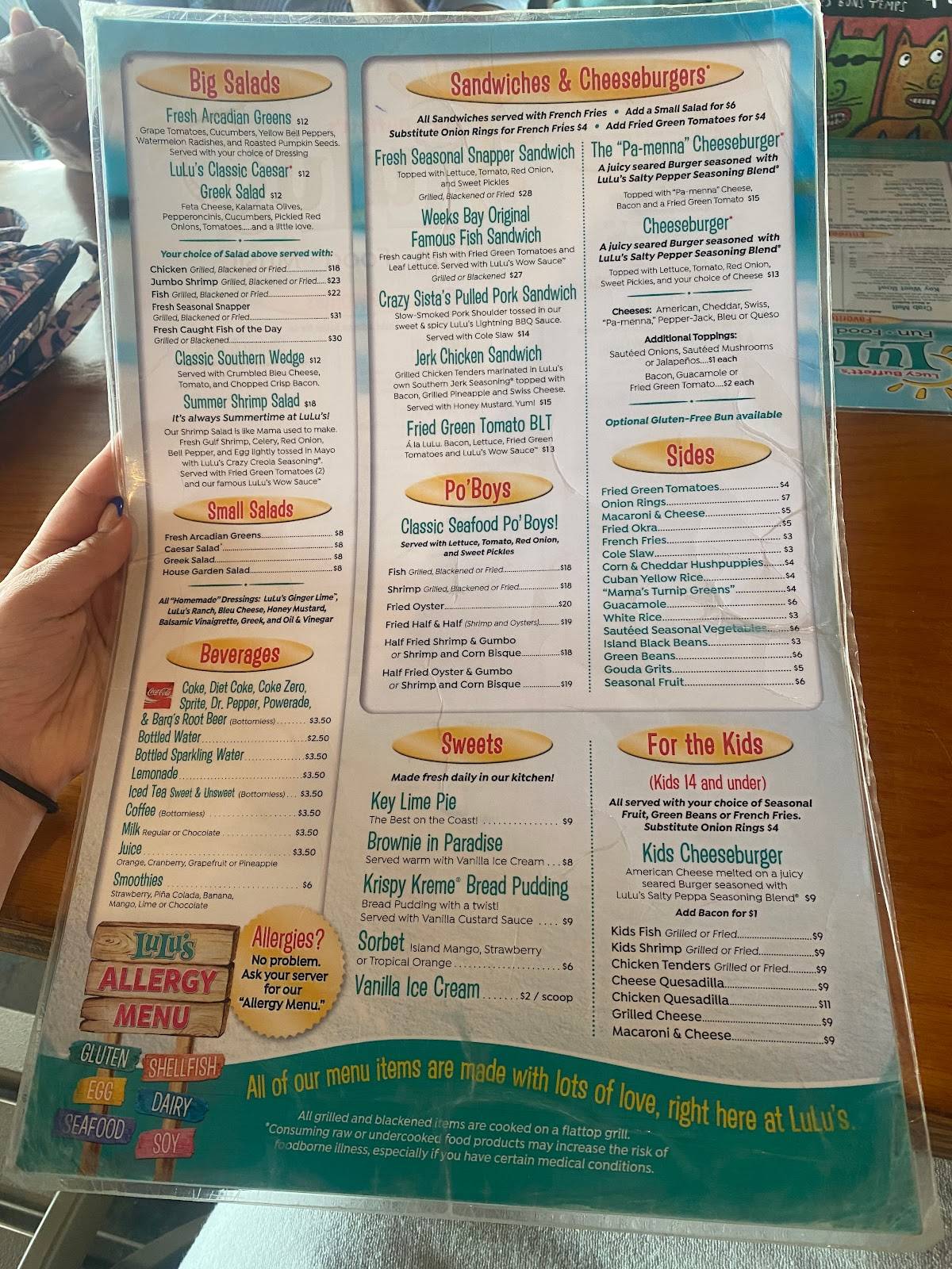 Menu at Lulu's Gulf Shores restaurant, Gulf Shores