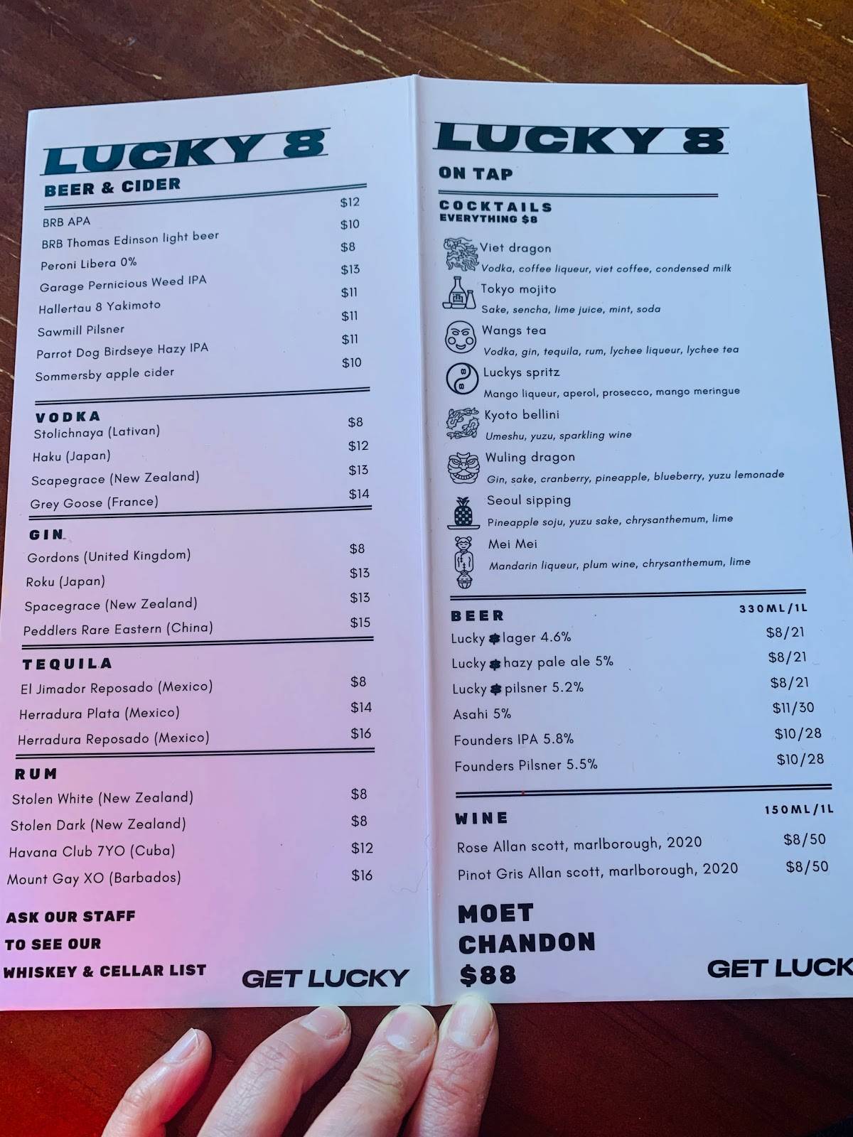 Menu at Lucky 8 restaurant, Auckland