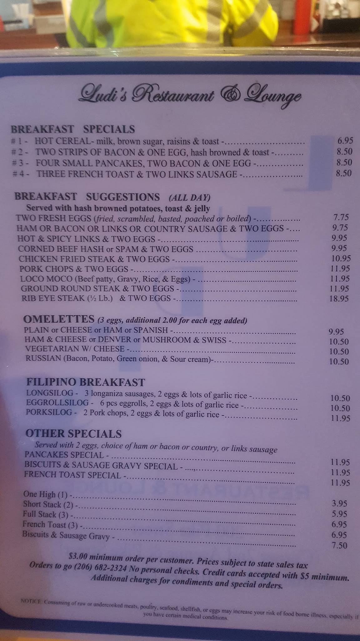 Menu at Ludi's restaurant, Seattle