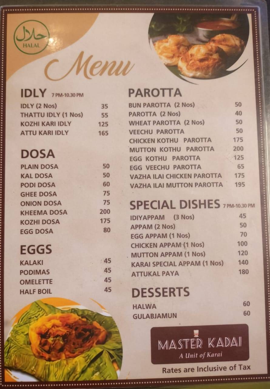 Menu at MASTER KADAI, Puducherry