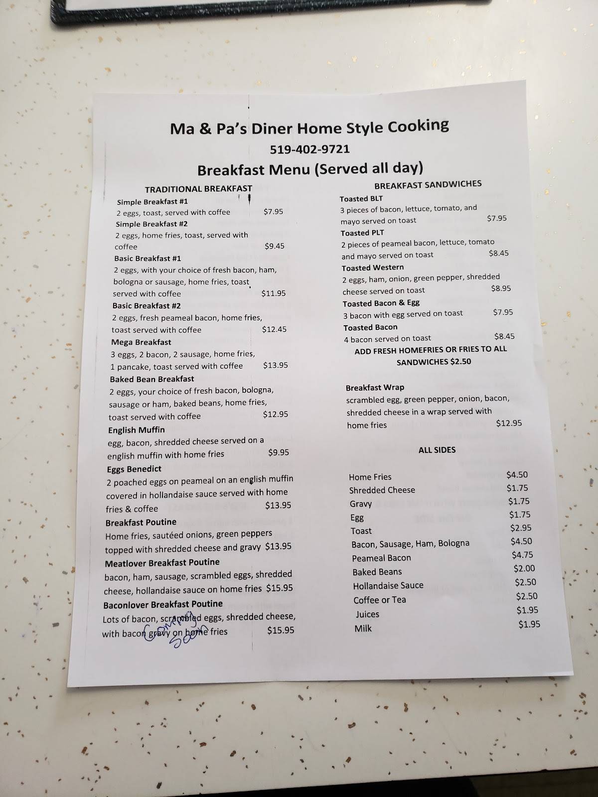 Menu at Ma & Pa's Diner restaurant, Sarnia