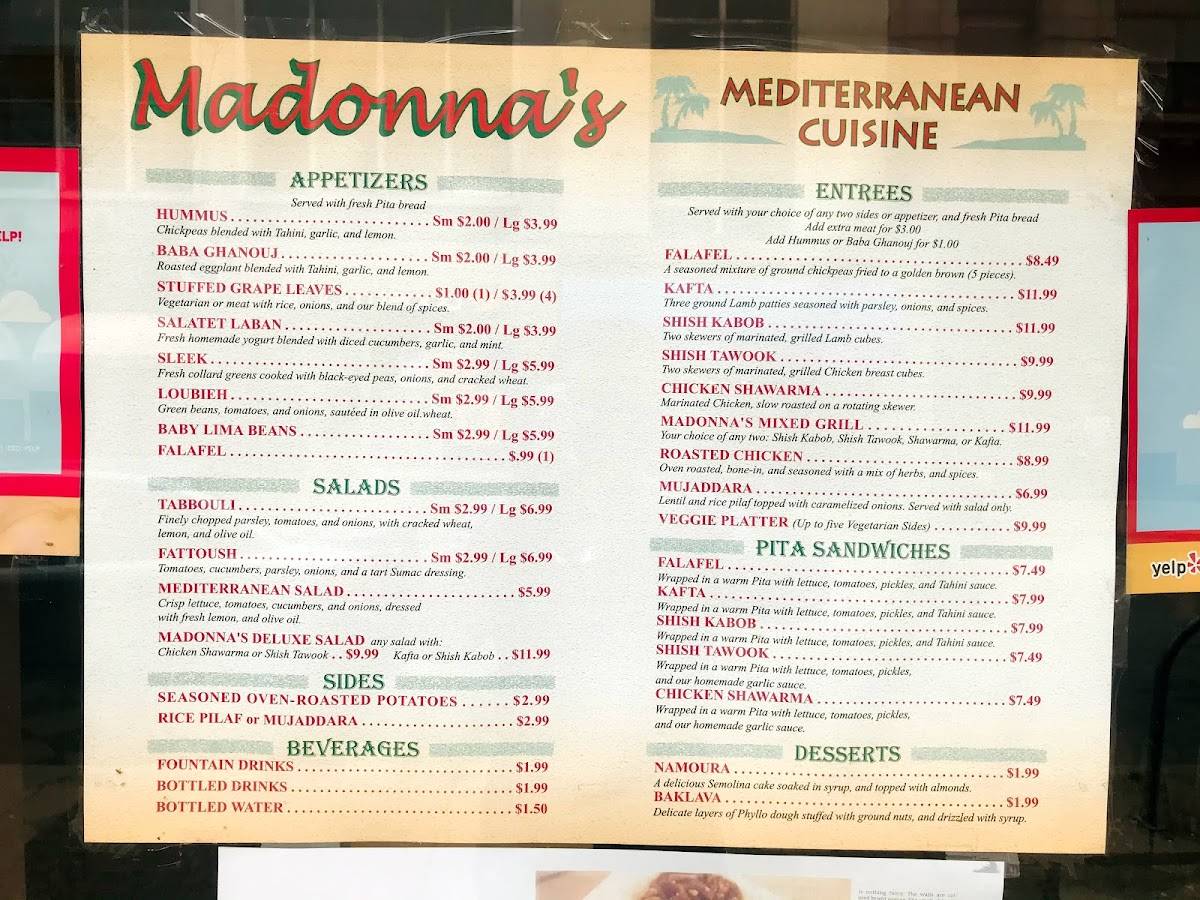 Menu at Madonna's Mediterranean Cuisine restaurant, Pittsburgh