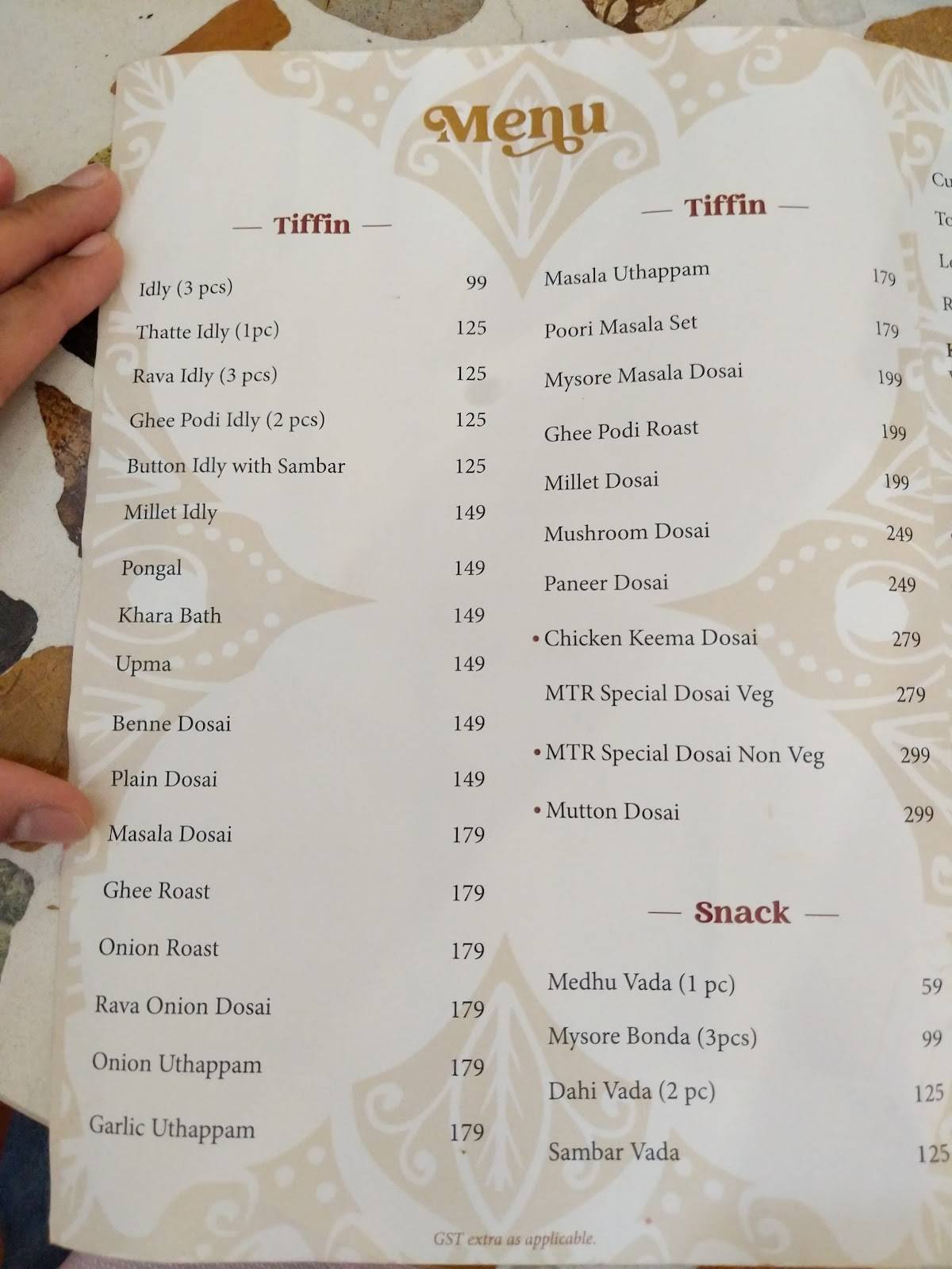 Menu at Madras Tiffin Room, Pune