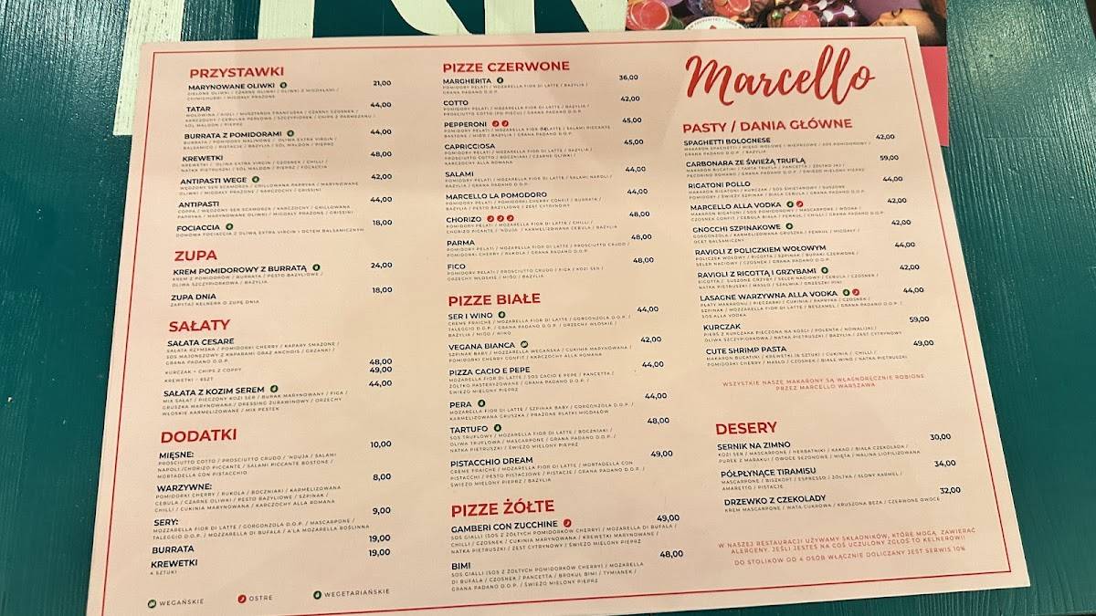 Menu at Marcello Warszawa restaurant, Warsaw