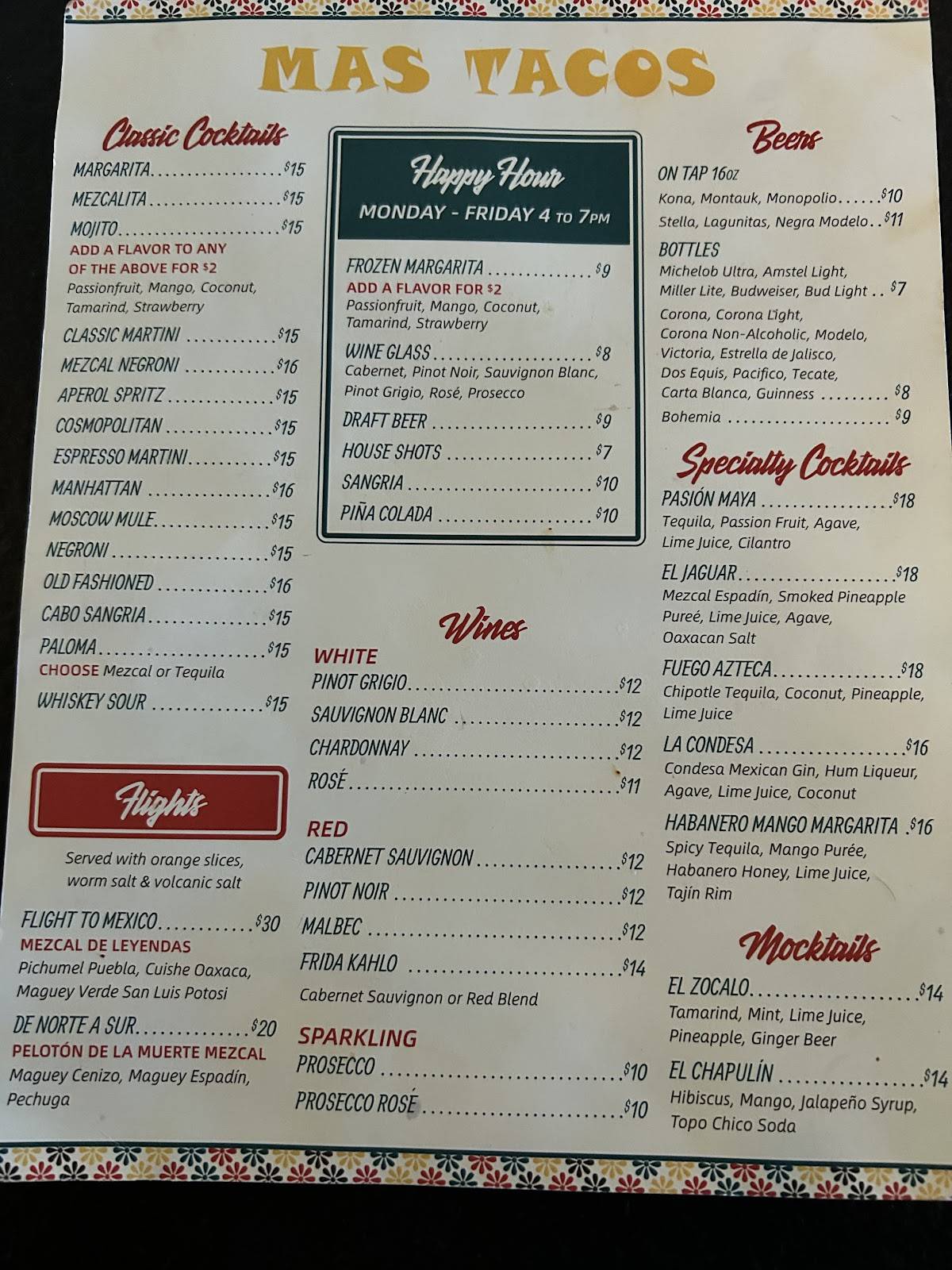 Menu at Mas Tacos restaurant, West New York, 403 8th Ave