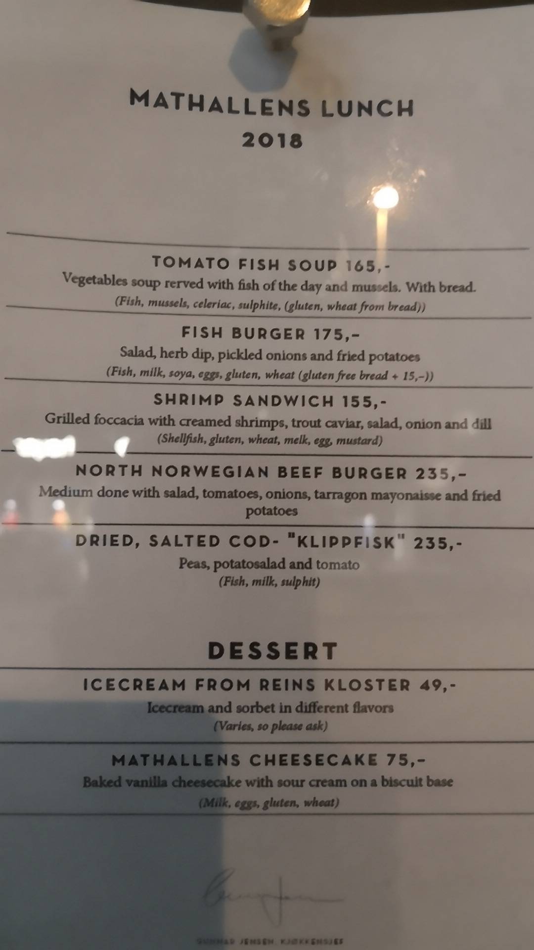 Menu at Mathallen Tromsø restaurant, Tromsø