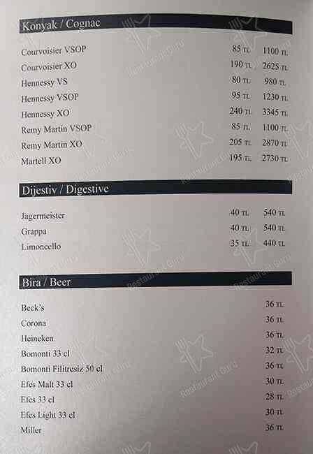 Menu at Mavi Balik, Istanbul