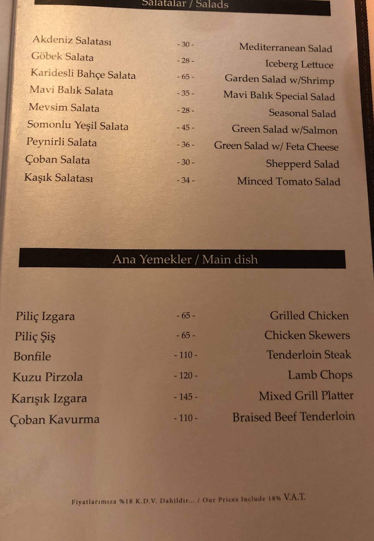 Menu at Mavi Balik, Istanbul