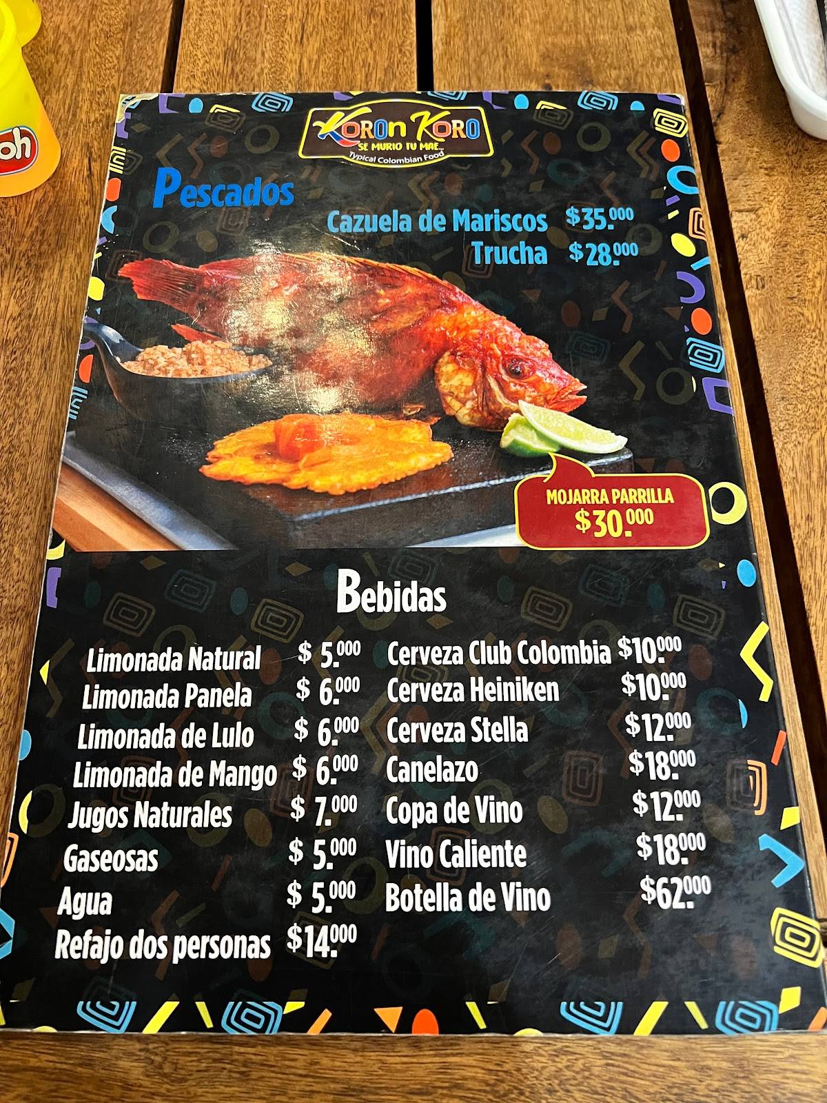 Carta del restaurante Mercado del Chicó, Bogotá