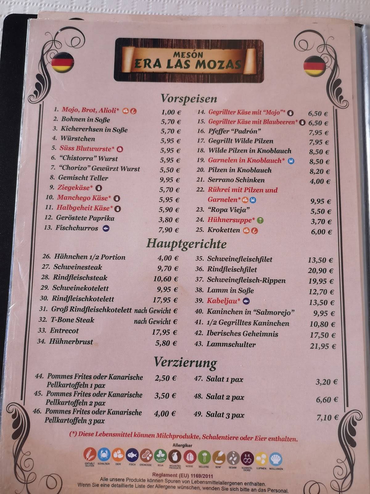 Carta del restaurante Mesón Era Las Mozas, Valle del San Lorenzo