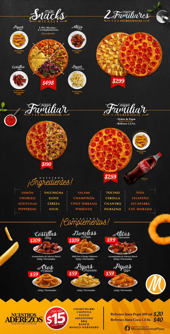 Menu at Micaela Gourmet Pizza restaurant, Tepic, C. Leonides Sibajas