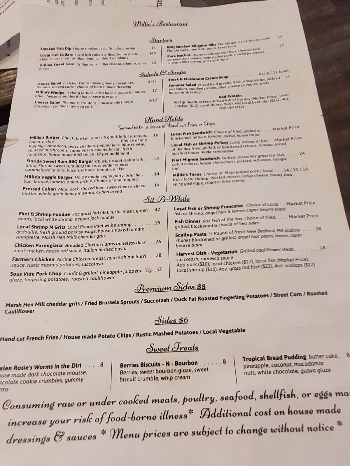 Menu at Millie's Restaurant & Catering, Daytona Beach Shores